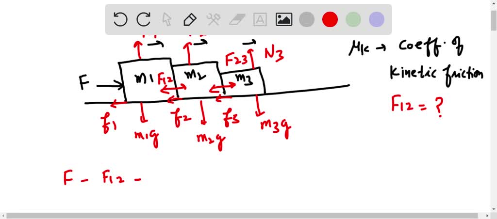 Three blocks (m1, m2, and m3) are sliding at a constant velocity across ...