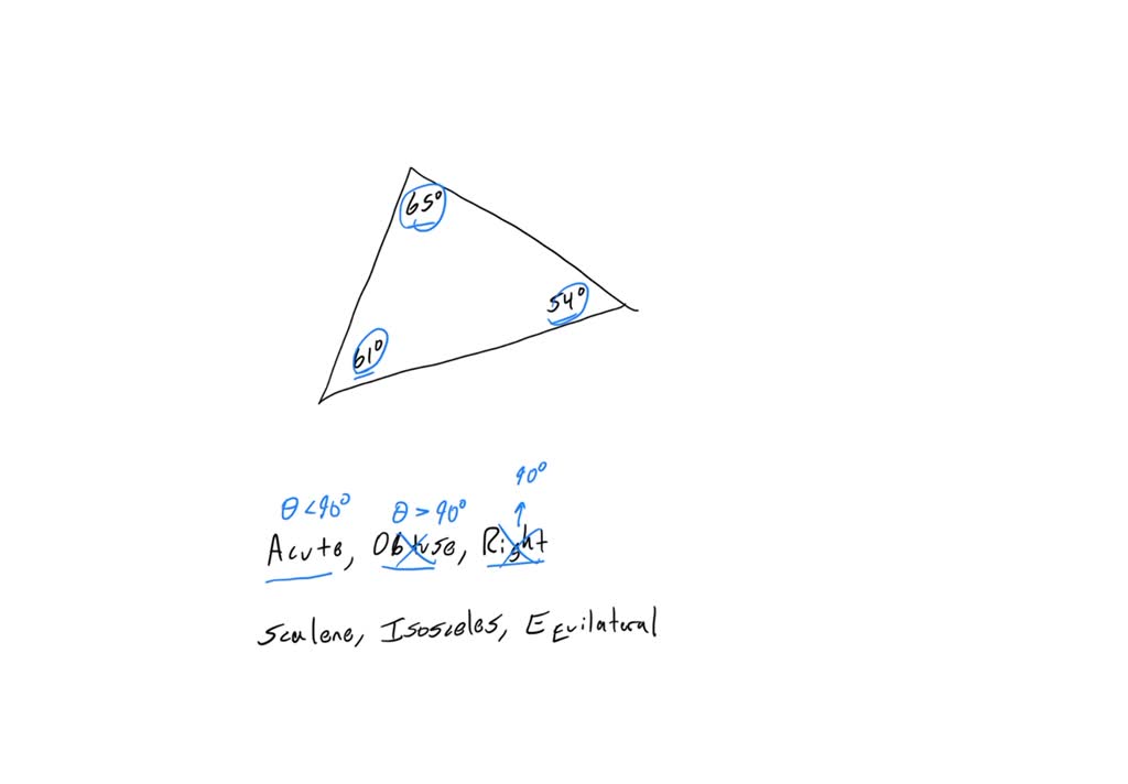 SOLVED: Classify the triangle as (Acute, Obtuse, or Right) and (Scalene, Isosceles, or Equilateral).
