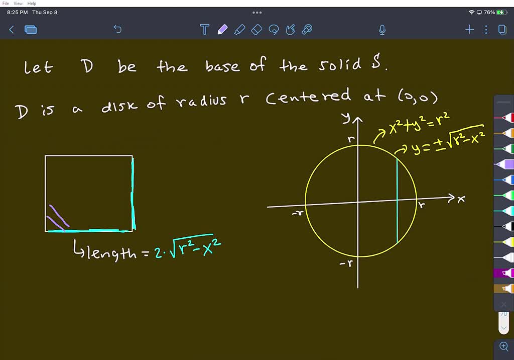 SOLVED: Consider the following solid S. The base of S is a circular disk with radius. Parallel ...