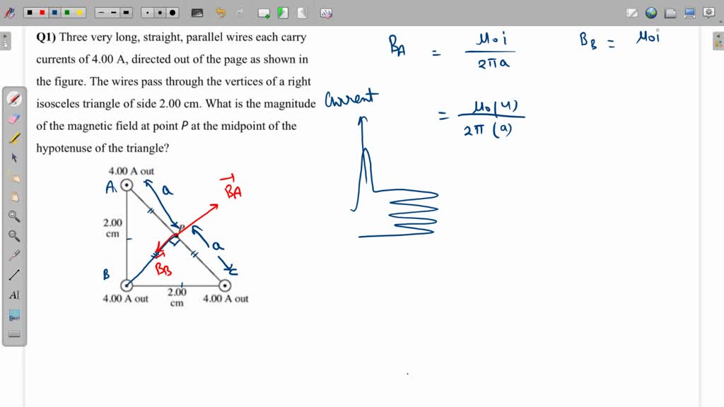 SOLVED: Q1) Three very long, straight, parallel wires each carry currents of 4.00 A, directed ...