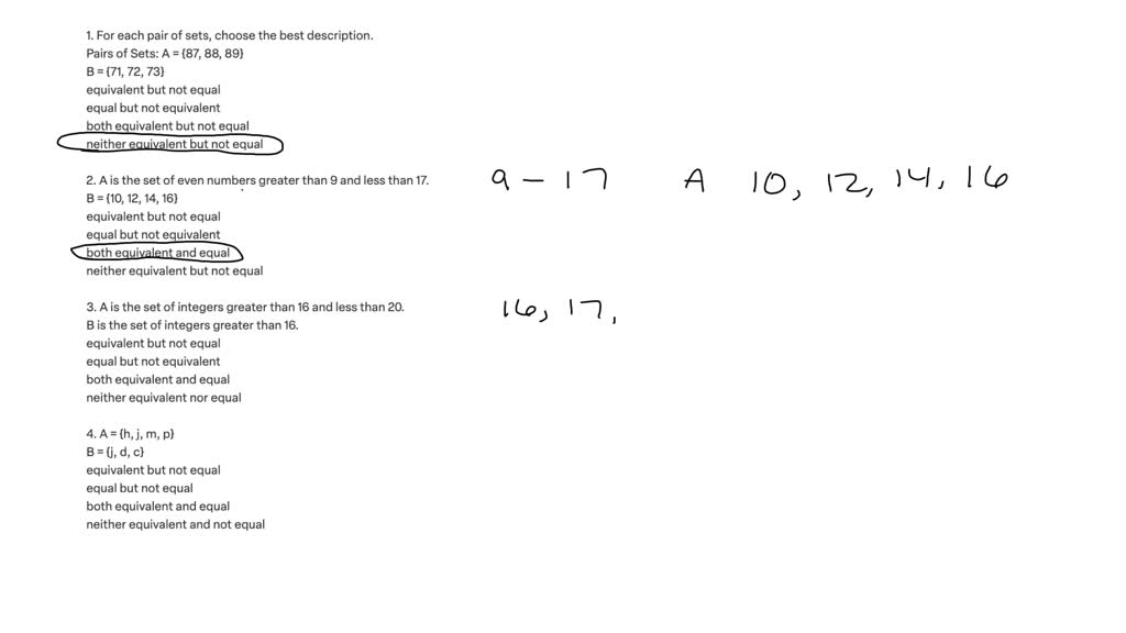 1. For each pair of sets, choose the best description. Pairs of Sets: A ...