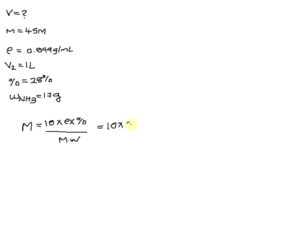 SOLVED: Concentrated ammonia solution is 28.0% m in NH3 and has a density of 0.899 g/mL (at ...