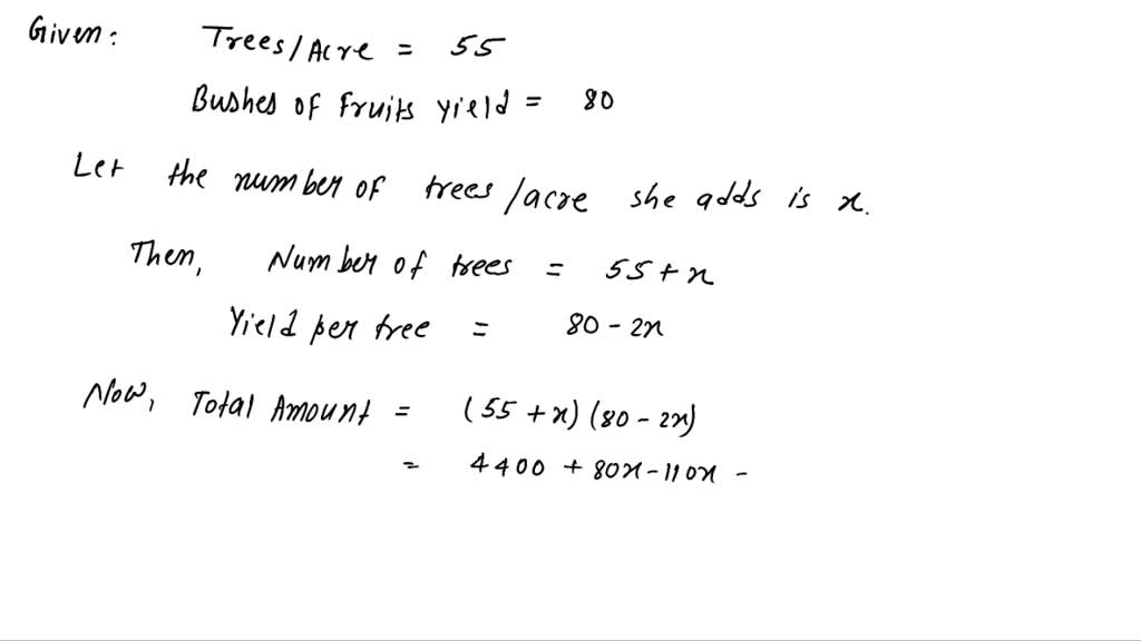 SOLVED: A farmer finds that if she plants 55 trees per acre, each tree ...