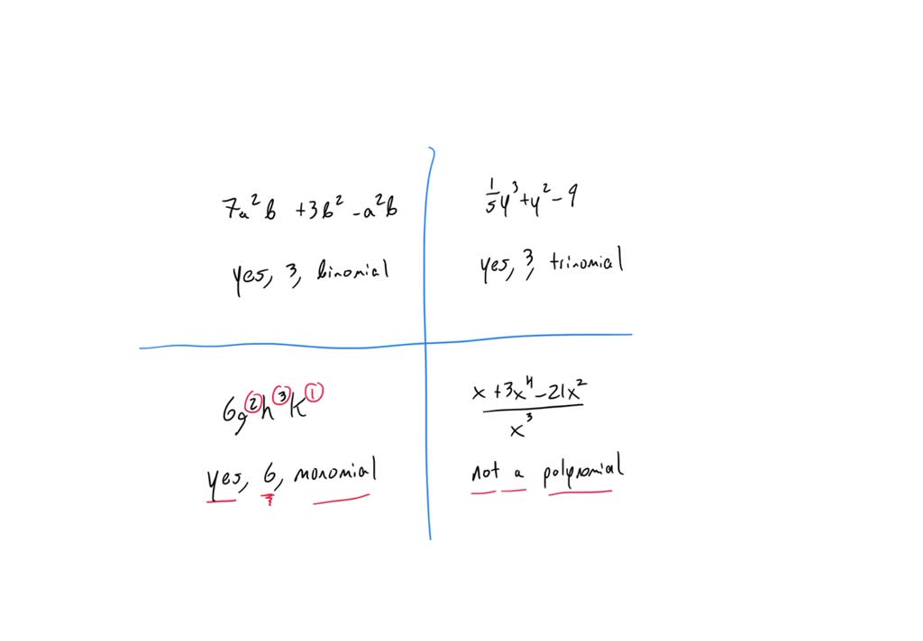 SOLVED: Determine whether each expression is a polynomial: If it is a polynomial, find the ...