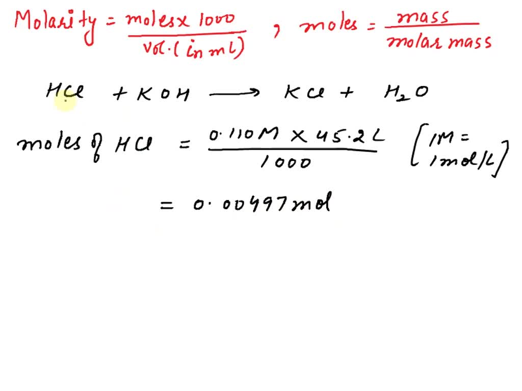 SOLVED: If 45.2 mL of 0.110 M HCl solution is needed to neutralize a solution of KOH, how many ...