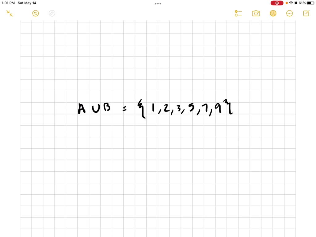 SOLVED: let U = 0,1,2,3,4,5,6,7,8,9 A = 1,3,5,7,9 B = 2,3,5,7 what is ... SOLVED: let U = 0,1,2,3,4,5,6,7,8,9 A = 1,3,5,7,9 B = 2,3,5,7 what is ...