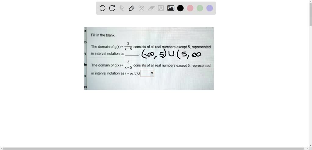SOLVED: The domain of g(x) consists of all real numbers except 5 ...