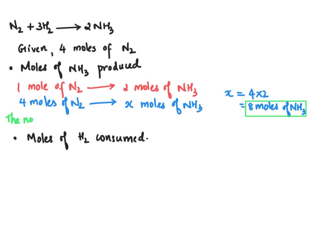 SOLVED: For the reaction: N2 + 3H2 —> 2NH3 If 4 moles of N2 are completely reacted, how many ...