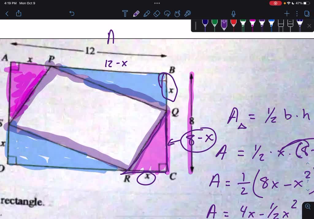 In the diagram, ABCD is a rectangle. AB = 12 cm and BC = 8 cm. AP = BQ = CR = DS = x centimetres ...