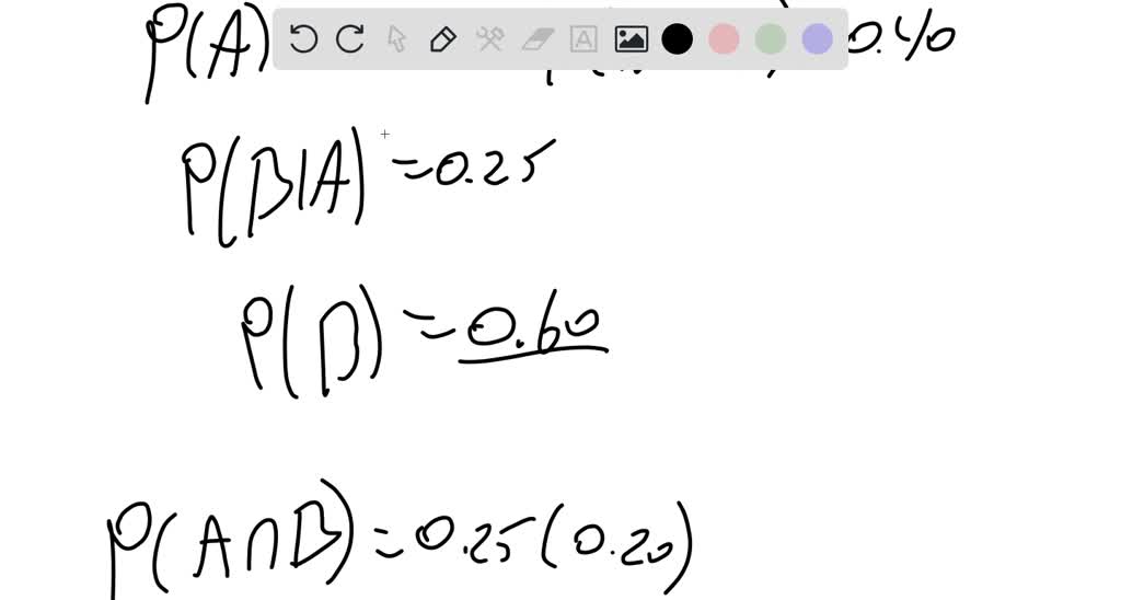 SOLVED: Given two events A and B of a sample set where P[A] = .20 P[not B] = .40 P[B|A] = .25 ...