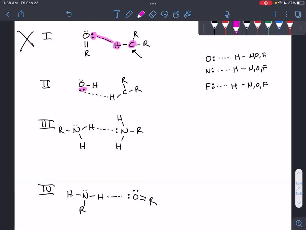 SOLVED: Hydrogen bonding is normally depicted between molecules using a ...