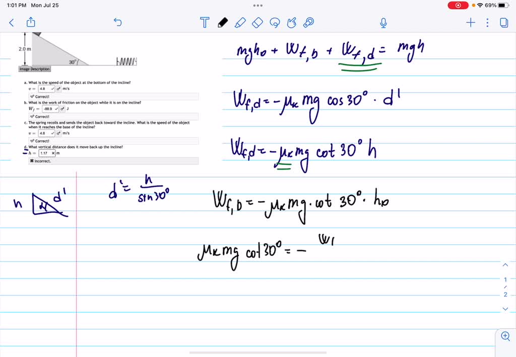 SOLVED: An object of mass 11 kg is released at point 4, slides to the bottom of the 30Â° incline ...