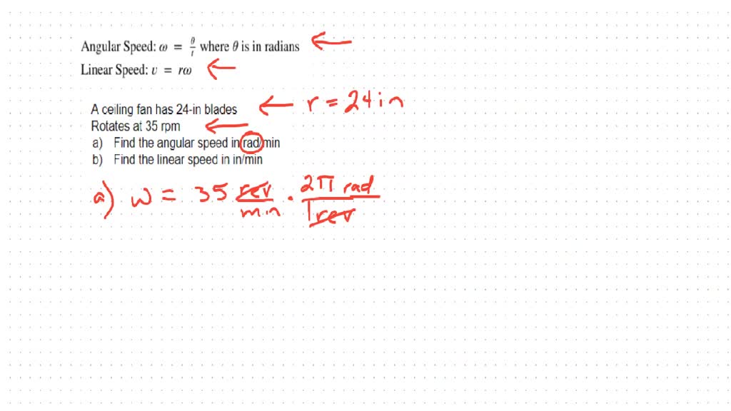 SOLVED: A ceiling fan with 24-in. blades rotates at 35 rpm. (a) Find ...