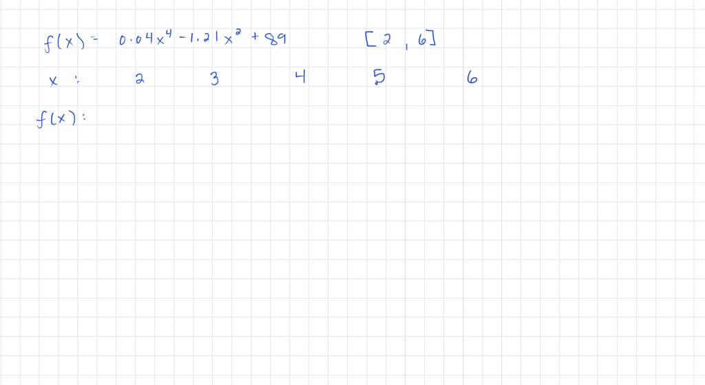 SOLVED: Question 32: Approximate the area under the graph of f(x)=0.04x^4−1.21x^2+89 over the ...