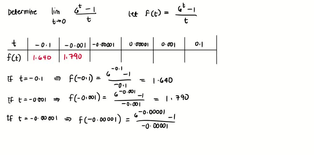 SOLVED: Use table of values to estimate the value of the limit (correct to three decimal places ...