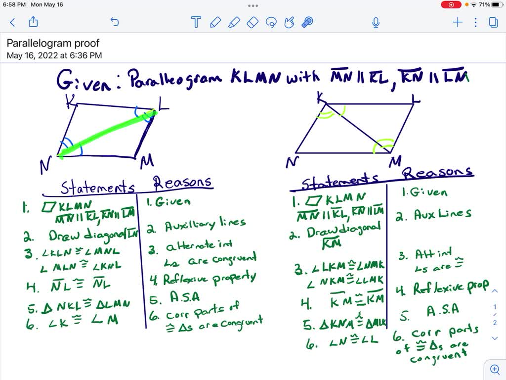SOLVED: Drag and drop the correct answer into each box to complete the proof. Parallelogram KLMN ...