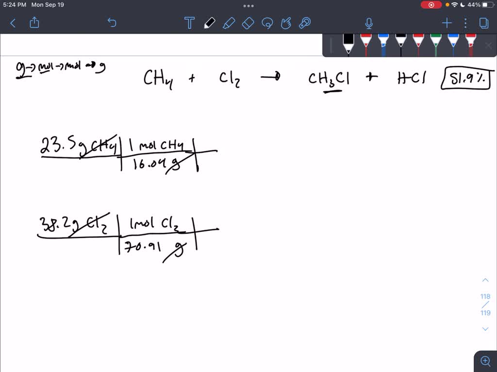 SOLVED: When 23.5 g of methane and 38.2 g of chlorine gas undergo a reaction that has a 51.9% ...