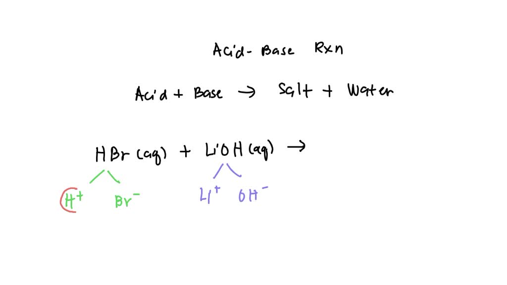 SOLVED: For an acid-base reaction, HBr(aq) + LiOH(aq) –>, what are products? A. BrOH(aq) and LiH ...