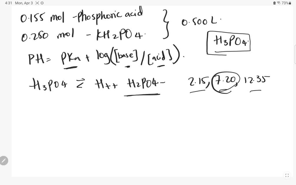 SOLVED: Calculate the pH of a buffer solution prepared from 0.155 mol of phosphoric acid, 0.250 ...