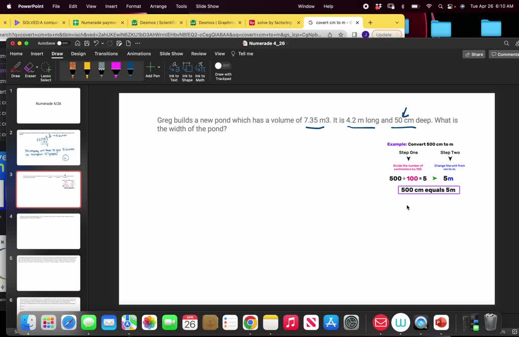 SOLVED: Greg builds a new pond which has a volume of 7.35 m3. It is 4.2 ...
