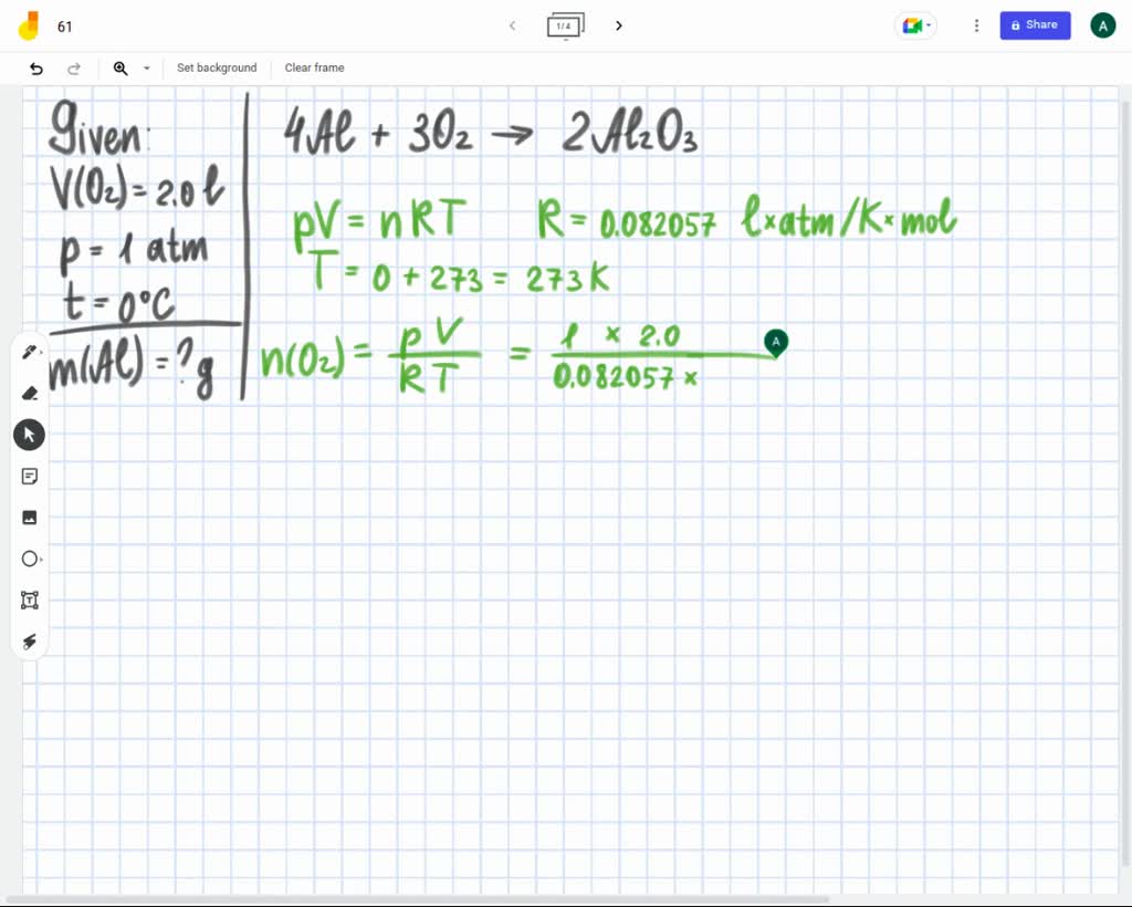 SOLVED: Consider the following reaction: 4 Al(s) + 3 O2(g) → 2 Al2O3(s) It takes 2.00 L of pure ...