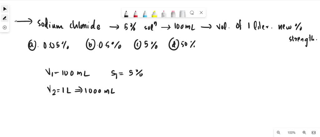 SOLVED: Question 7 Sodium chloride 5% solution 100 mL diluted to volume of liter. What is the ...