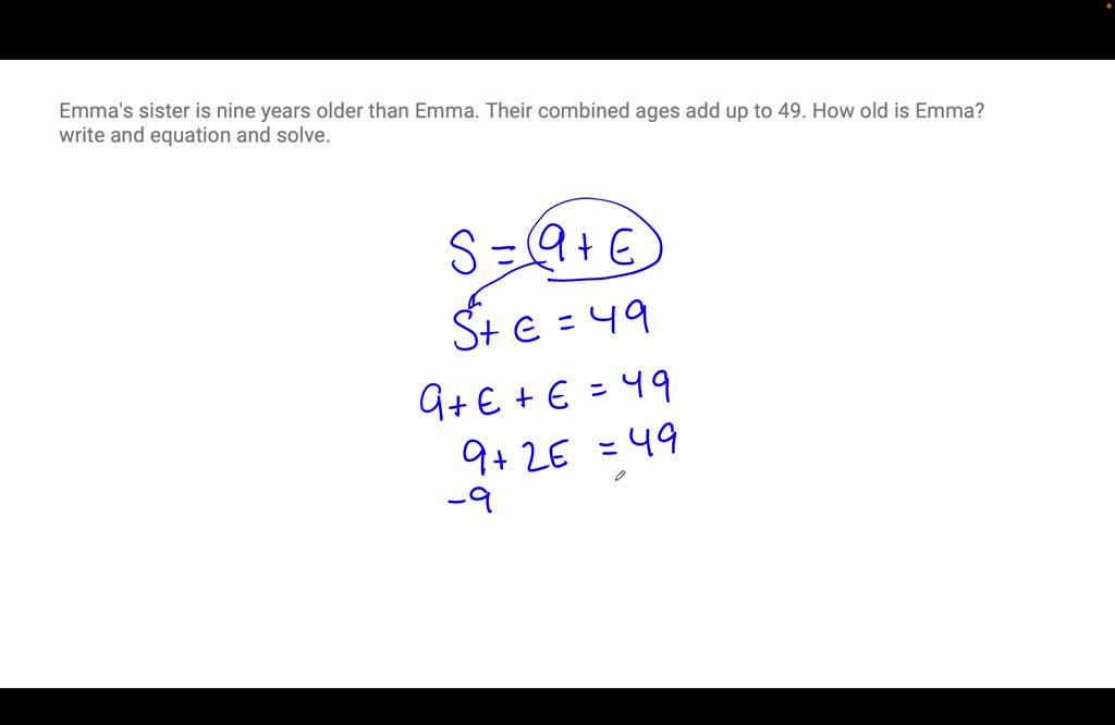 SOLVED: Emma's sister is nine years older than Emma. Their combined ...