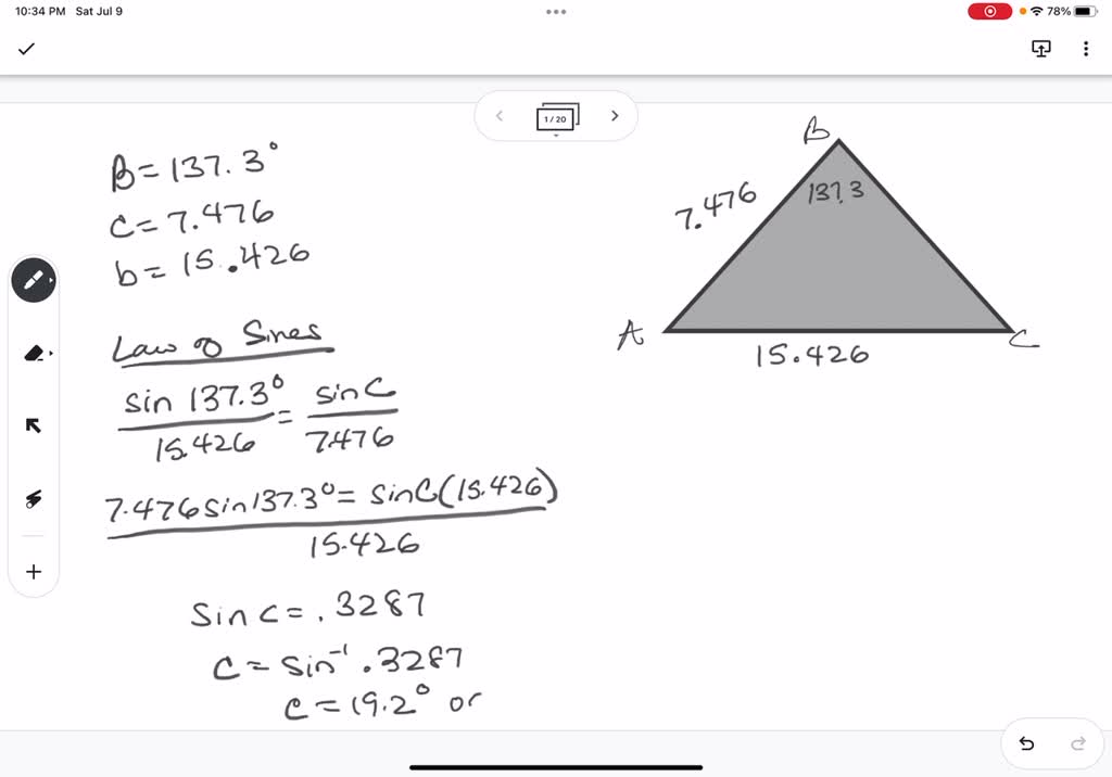 SOLVED: Solve the triangle , possible. A=95",a = 14.8 in b = 16.5 in Select the correct choice ...