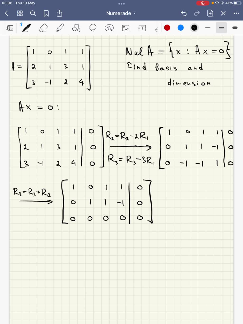 SOLVED: Find the basis and dimension for the solution space of the homogeneous system Ax = 0 ...