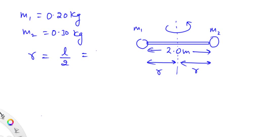 SOLVED: Two particles (m1 = 0.20 kg,m2 = 0.30 kg) are positioned at the ends of a2.0-m long rod ...