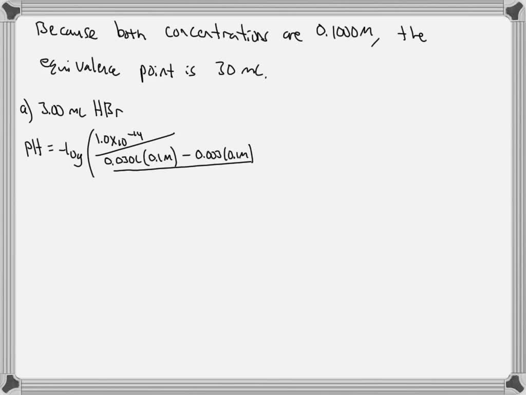 SOLVED: Calculate the pH during the titration of 20.00 mL of 0.1000 M KOH with 0.2000 M HBr ...