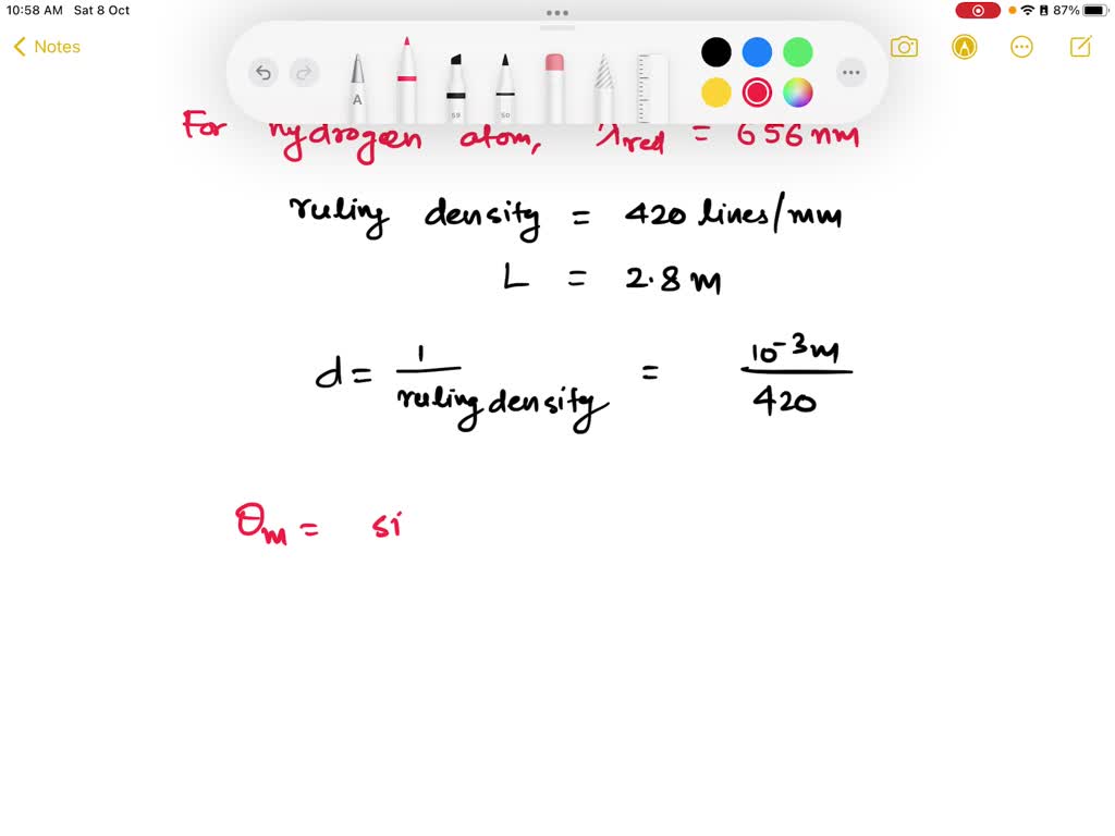 SOLVED: A transmission diffraction grating with 420 lines/mm is used to study the light ...