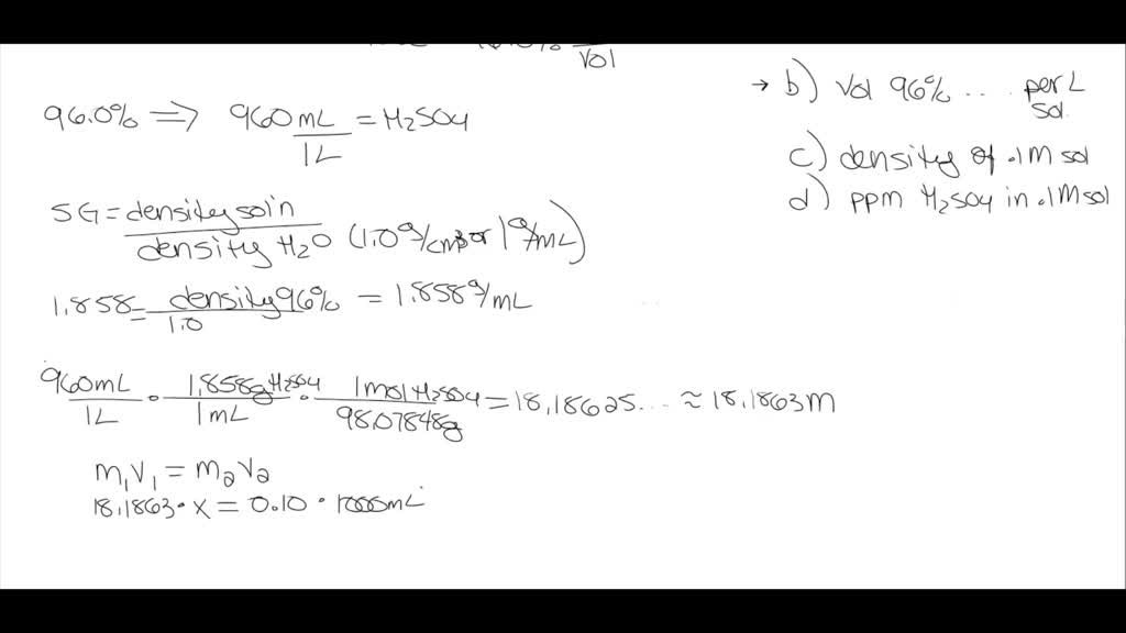 SOLVED: You are asked to make a laboratory solution of 0.10 molar H2SO4 (0.10 mol H2SO4/ L) from ...