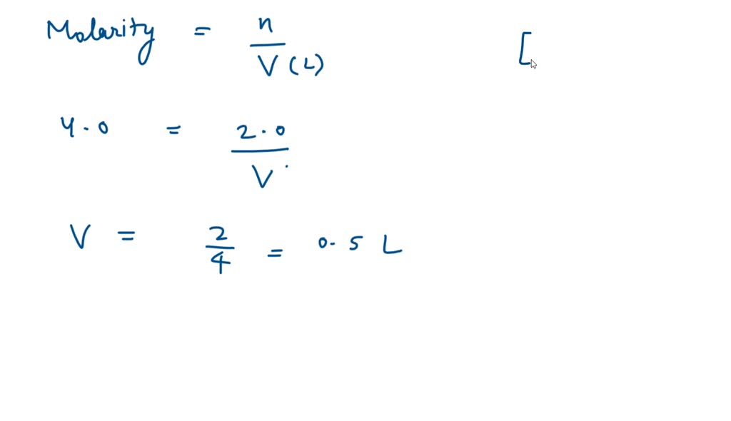 SOLVED: Question 23 (4 points) What volume of a 4.0 M solution will contain 2.0 moles of the ...