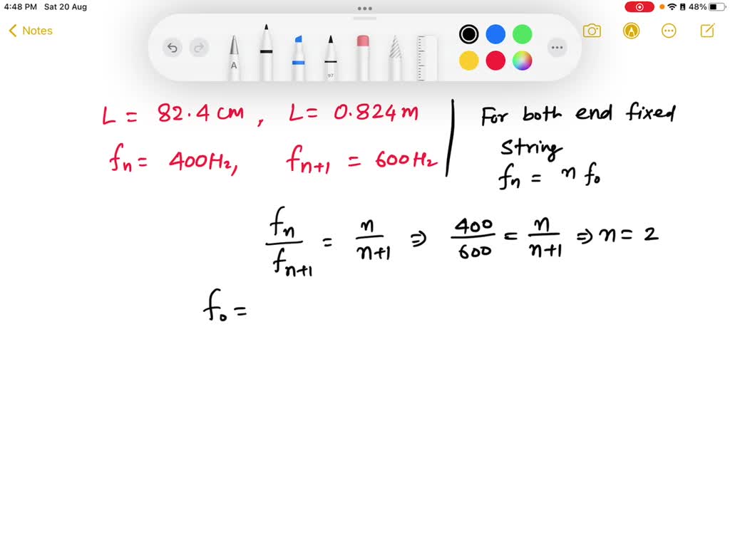 SOLVED: A string that is stretched between fixed supports separated by 82.4 cm has resonant ...