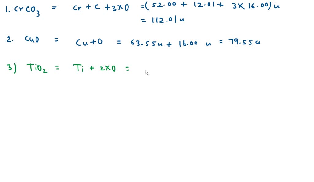 SOLVED: Which compound has a formula mass of 79.87 u? CrCO3 CuO TiO2 NH4NO3