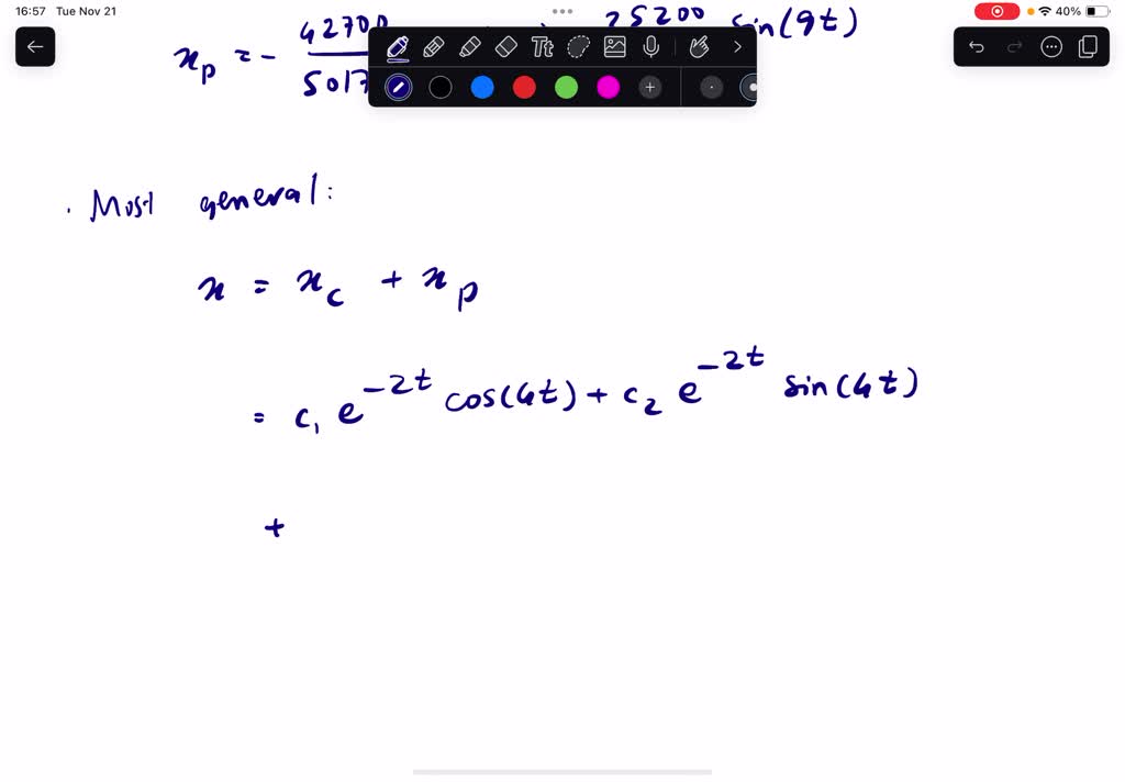 SOLVED: x”+4x'+20=700cos(9t); x(0)=9, x'(0)=0 . Find and plot both the ...
