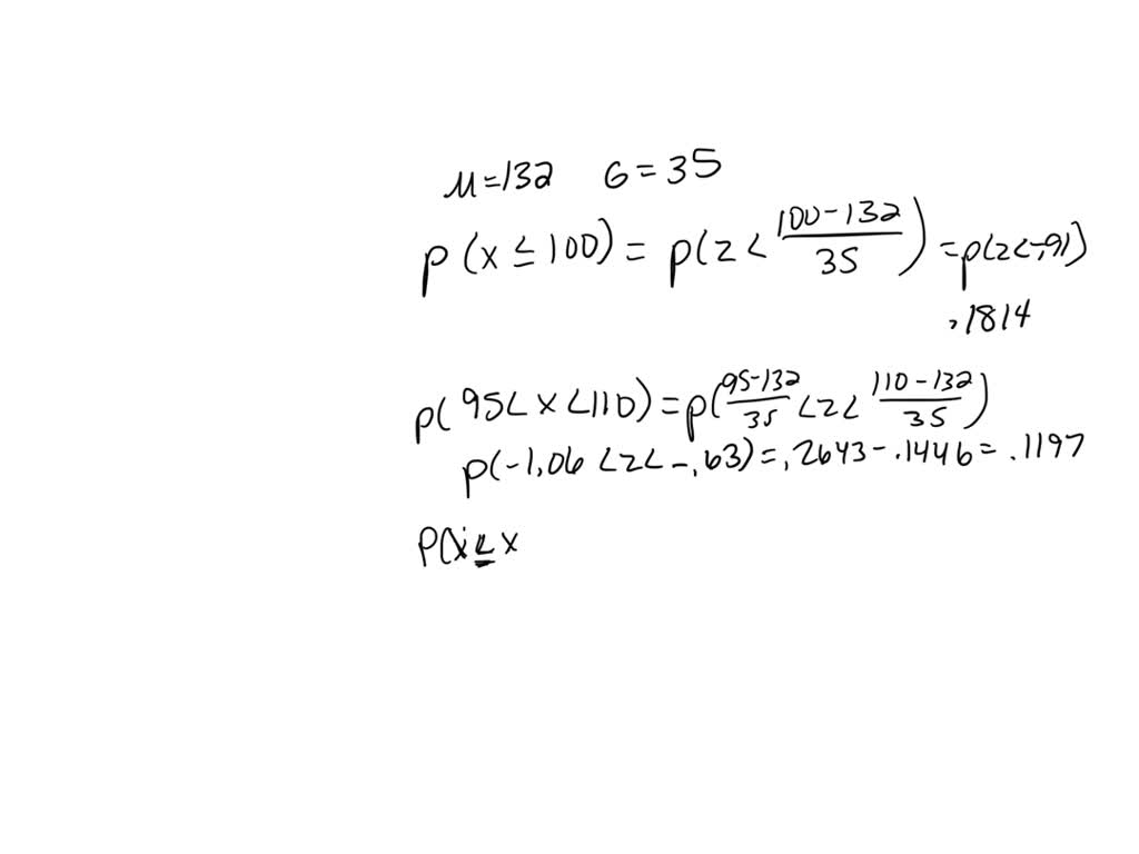 SOLVED: Let X be normally distributed with mean Î¼=132 and standard deviation Ïƒ=35. Find P(X