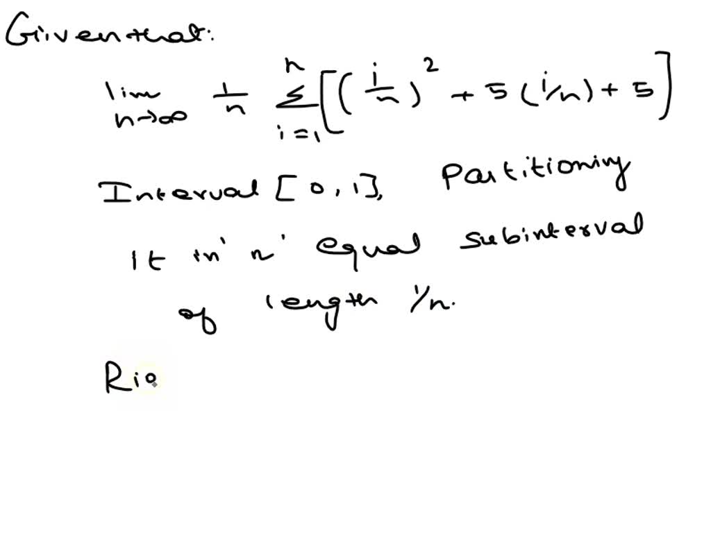 SOLVED: Compute the sum and then find the limit. lim(n->infty )(1)/(n)sum(i=1)^n [((i)/(n))^(2 ...