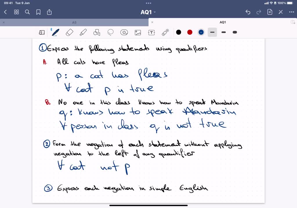 1) Express the following statements using quantifiers. a) All cats have fleas. b) No one in this ...