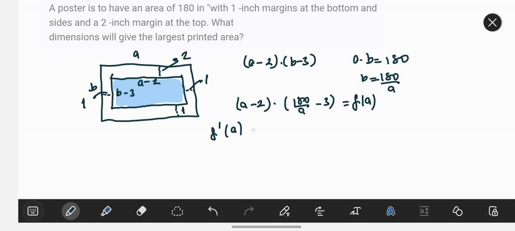 SOLVED: A poster is to have an area of 180 in "with 1 -inch margins at ...