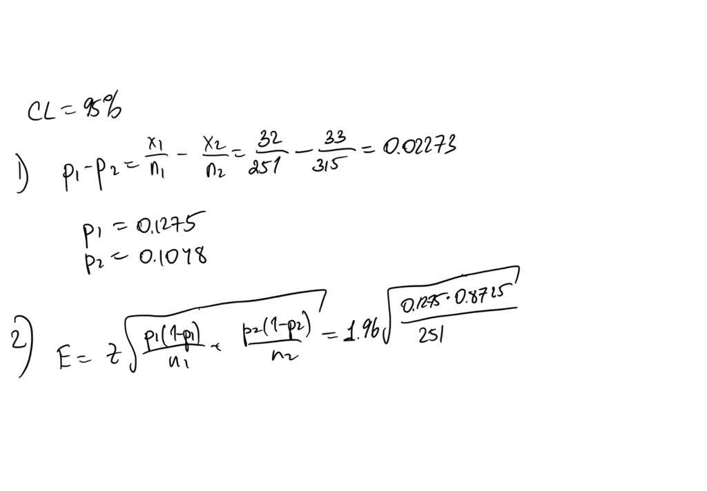 SOLVED: Construct a confidence interval for p1-p2 at the given level of confidence. x1=32,n1 ...