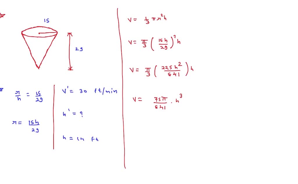 SOLVED: A conical water tank with vertex down has a radius of 13 feet ...