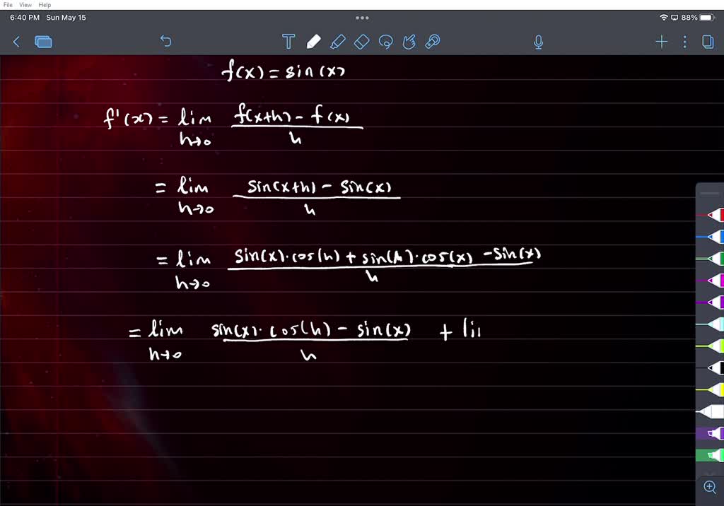 SOLVED: Find the derivative of f(x)=sin x using the limit definition: f ...