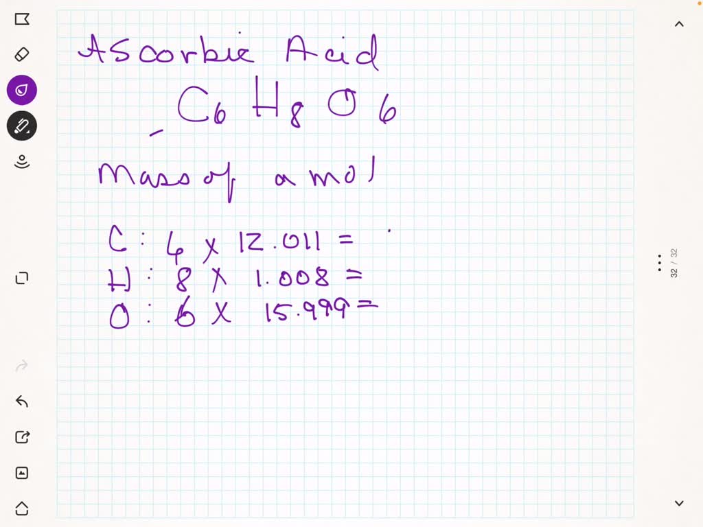 SOLVED: The molecular formula of ascorbic acid is C6H8O6 the mass of ...