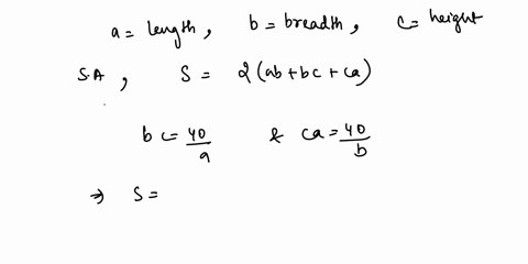 A closed rectangular box has volume 50cm3 what are the...
