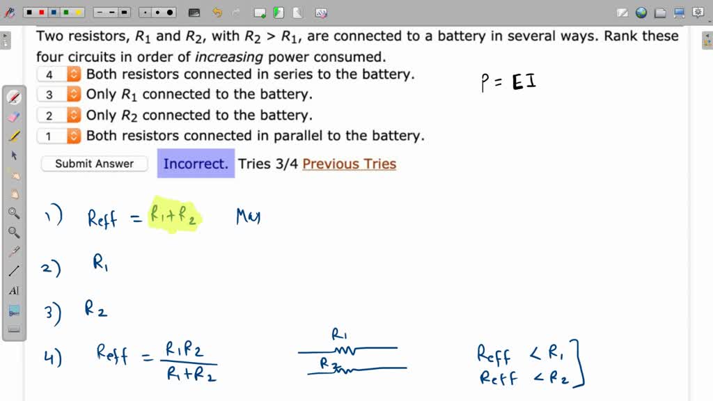 SOLVED: Two resistors, R1 and R2, with R2 > R1, are connected to a battery in several ways. Rank ...
