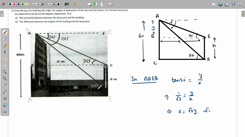 SOLVED: From the top of a building 60m high, the angles of depression ...