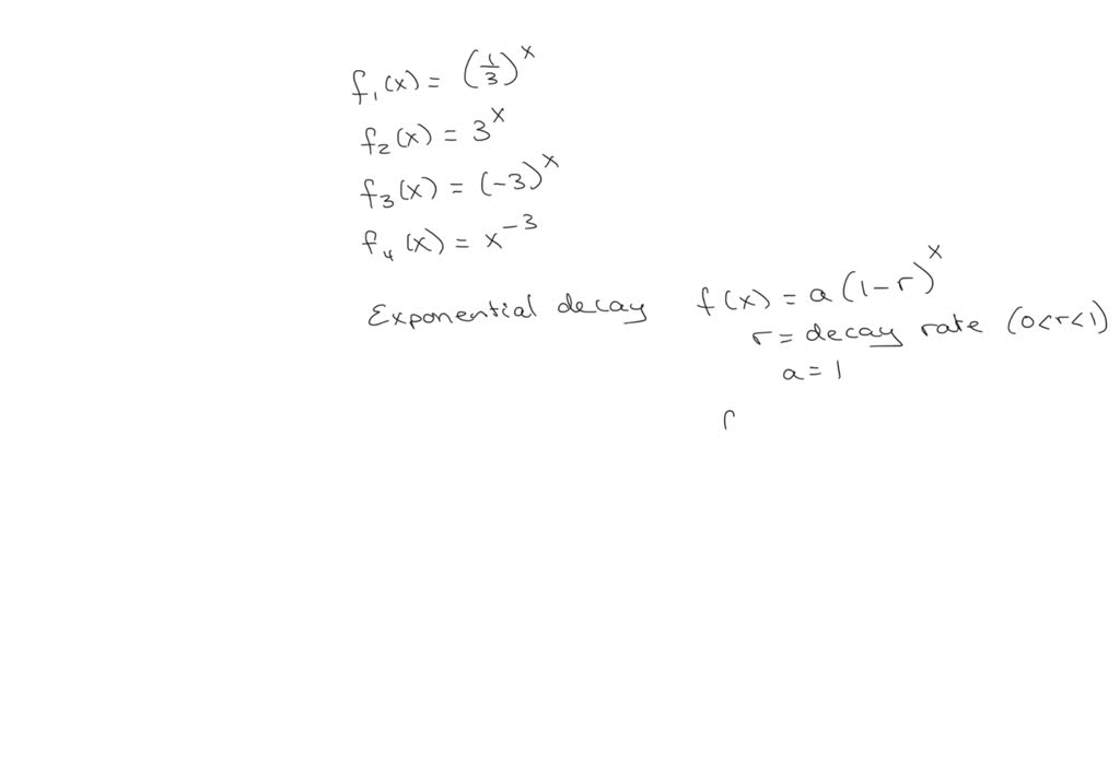 SOLVED: Which function represents exponential decay? f(x) = One-half (three-halves) Superscript ...