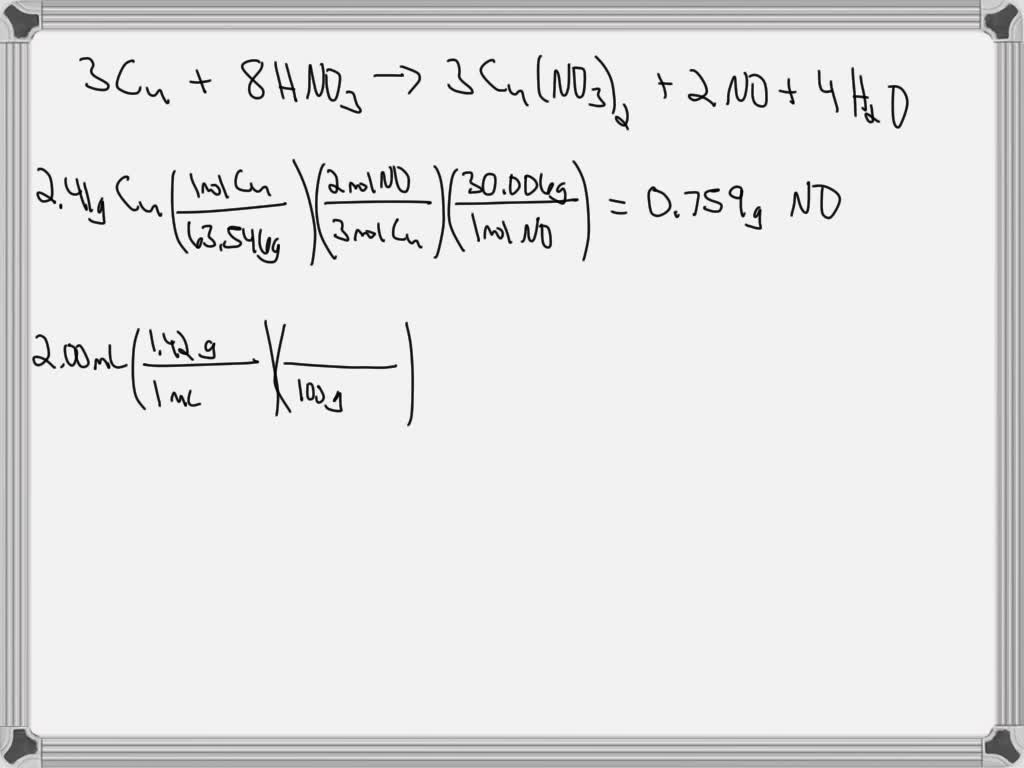 SOLVED: The equation for the reaction of copper and dilute nitric acid is: 3Cu + 8HNO3 -> 3Cu ...